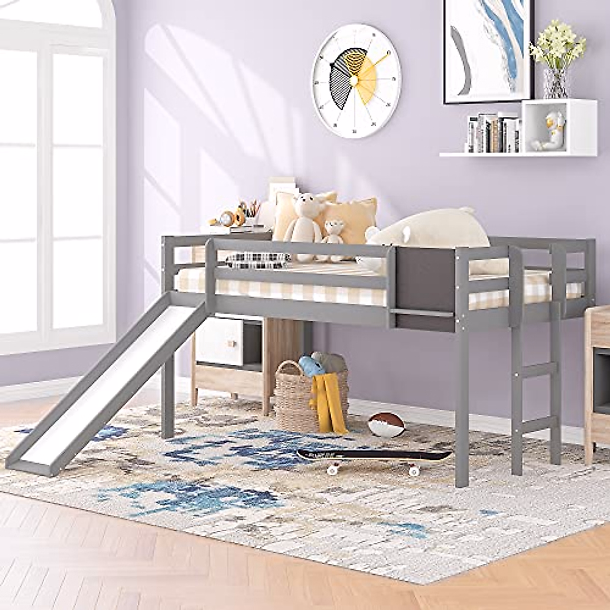 Eafurn Loft Bed with Slide, Kids Twin Loft Bed with Ladder, Low Loft Bed with Slide and Chalkboard, Solid Pine Wood Space Saving Kids Bed Frame for Boys, Girls
