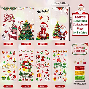 Toptime Christmas Treat Bags, 160PCS Christmas Cellophane Candy Bags with Ties, Clear Christmas Goody Bags with Santa Claus Xmas Tree Snowman Reindeer, Cello Cookie Bags for Holiday Party Favor