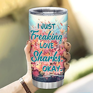 Hyturtle Personalized Gifts Shark Lover - I Just Freaking Love Sharks Customized Name Stainless Steel Tumbler 20 oz With Lid - Idea Cute Sea Animal Lover Gifts For Women, Girl On Birthday, Christmas