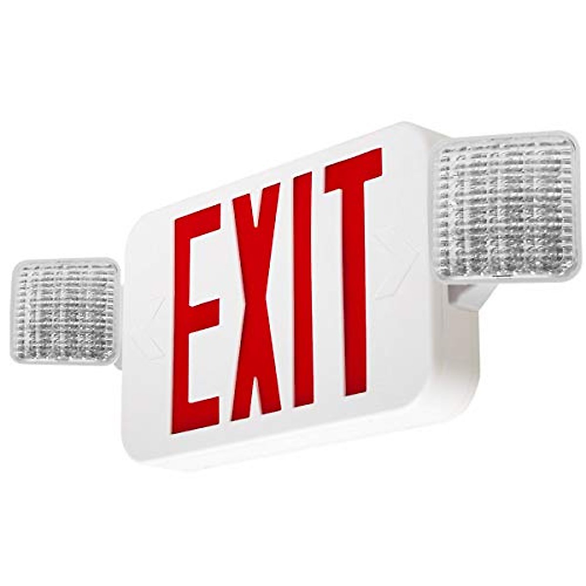 LFI Lights | Combo Red Exit Sign with Emergency Lights | White Housing | All LED | Two Adjustable Square Heads | Hardwired with Battery Backup | UL Listed | (1 Pack) | COMBO2-R