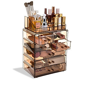 COMVTUPY Clear Makeup Organizer with Brush Holder, Large Acrylic Cosmetic Display Jewelry & Make Up Organizers and Storage for Vanity, Bathroom (3 Large, 4 Small Drawers, Brown)