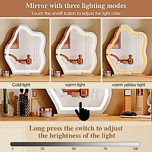 sbdmirau Vanity Desk with Mirror and with 3 Color Lighting Modes Adjustable Brightness, 6 Drawers Makeup Table for Bedroom Studio, 3-Sections Silent Slides Gift for Girls and Women, Wood Vanity