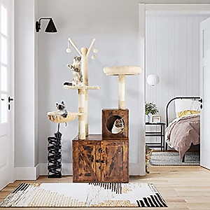 Timberer Litter Box Enclosure with Cat Tree, Wooden Cat House with Cat Tree Tower, Hidden Cat Litter Box Furniture with Scratching Post, Modern Cat Condo, Rustic Brown