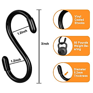 12 Pack S Hooks for Hanging, 3 Inch Vinyl Coated S Hooks Heavy Duty, Steel Metal Black Rubber Coated Closet S Hooks for Hanging Plants Basket Jeans Clothes Bags Jewelry Towels Pot Pan Cups