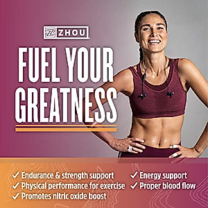 Zhou Nitric Oxide with L Arginine, Citrulline Malate, AAKG and Beet Root | Powerful N.O. Booster and Muscle Builder for Strength, Blood Flow and Endurance | 30 Servings, 120 Veggie Caps