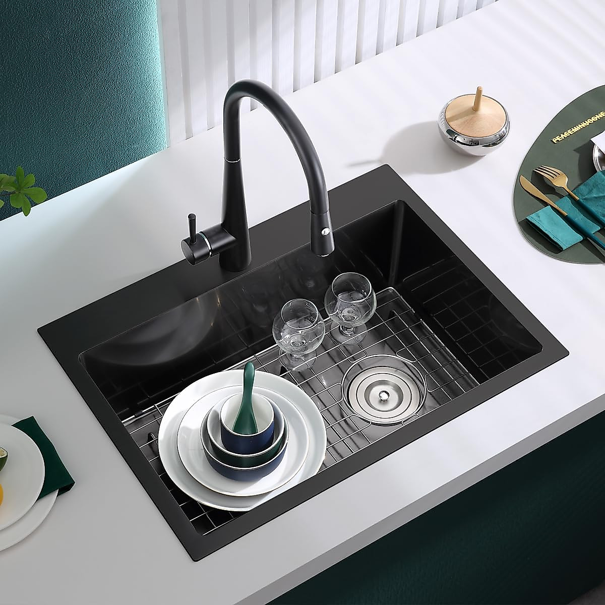 OUGOO Kitchen Sink, 22 x 18 Drop in Sink, 9" Deep Single Bowl Kitchen Sinks, 304 Stainless Steel Topmount Kitchen Sink with Strainer & Bottom Grid, Black