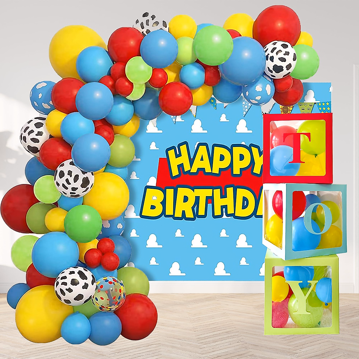 Toy Inspired Story Balloons Arch Kit Big Party Favor Balloon Boxes Cow Balloons Yellow Red Blue Green Latex Balloons for Boy Story Baby Shower Birthday Party Decorations
