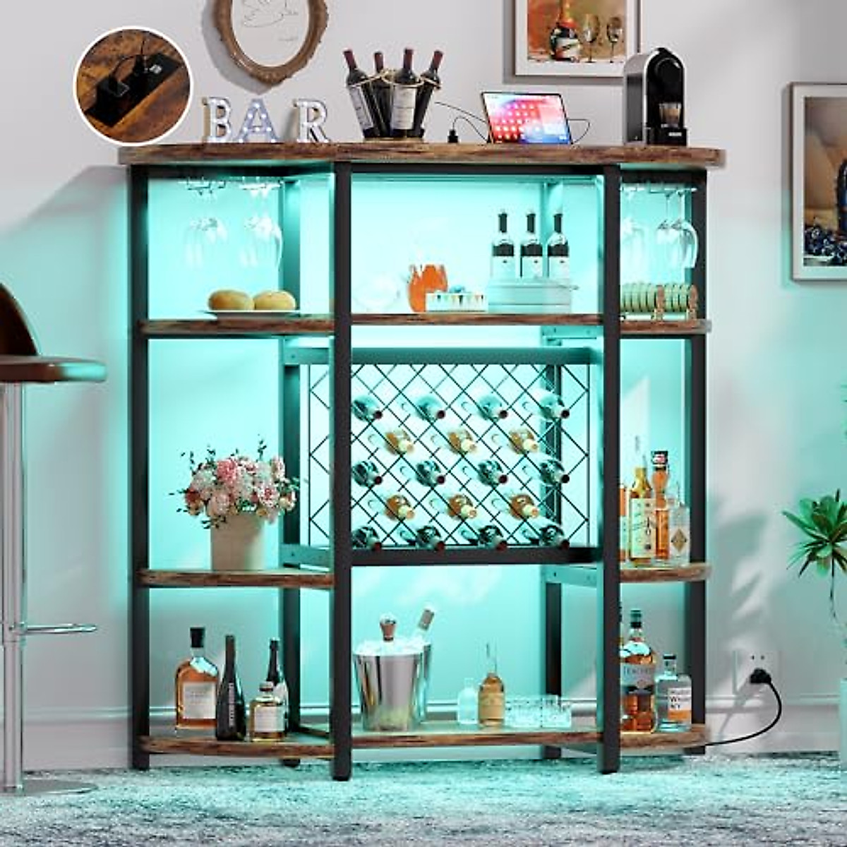 Unikito Wine Rack Freestanding Floor with Oulet and Two LED lights, 4 Tier Industrial Wine Bar Cabinet with Display Shelf, Bar Stand For Liquor, Wine Stand For Kitchen Dining Living Room, Rustic Brown