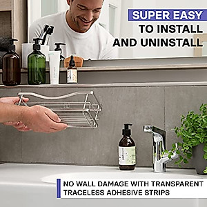 KINCMAX Shower Shelves 2-Pack - Self Adhesive Caddy with 4 Hooks - No Drill Large Capacity Stainless Steel Wall Shelf - Aesthetic Organizer for Inside Bathroom - Polished Silver