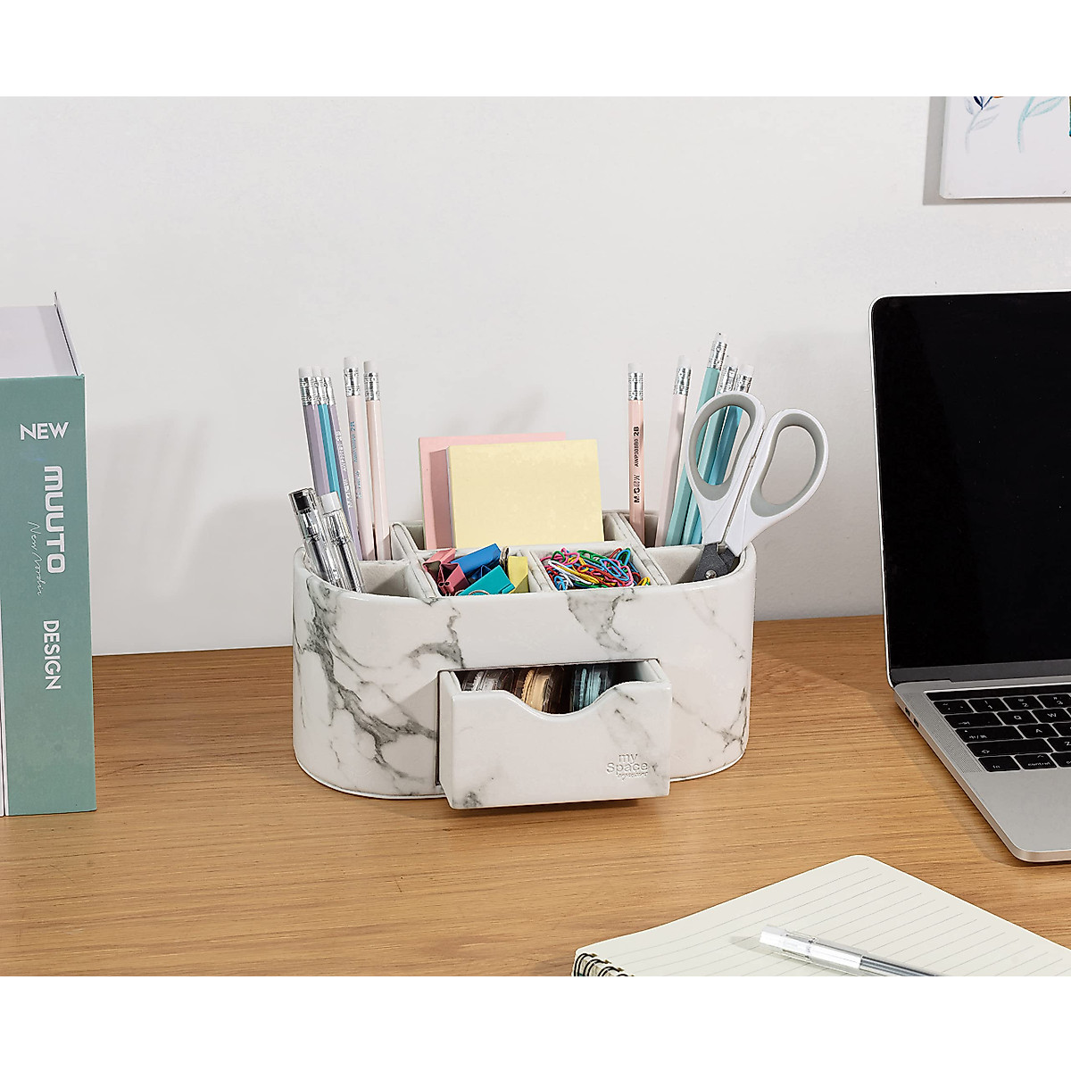 Marble Desk Organizer For Office Supplies Desk Accessories - Pencil Pen Holder Decor - Home School College Organization Desktop Caddy - Faux Leather