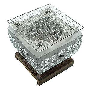 Ebros Gift Japanese Cuisine Tabletop Shichirin Konro Compact Movable Charcoal Grill BBQ Cooking Stove With Stainless Steel Wire Mesh Grill And Wooden Base For Yakitori Hibachi Yakiniku (Gray Black)