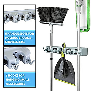 INNOVATEX Garage Tool Storage Rack Mop and Broom Holder Wall Mount Organizer, 5 Clamp Hanger Slots for Rakes, Shovels, Garden Yard Tools, Kitchen and Utility Use, 6 Hanging Hooks for Small Items
