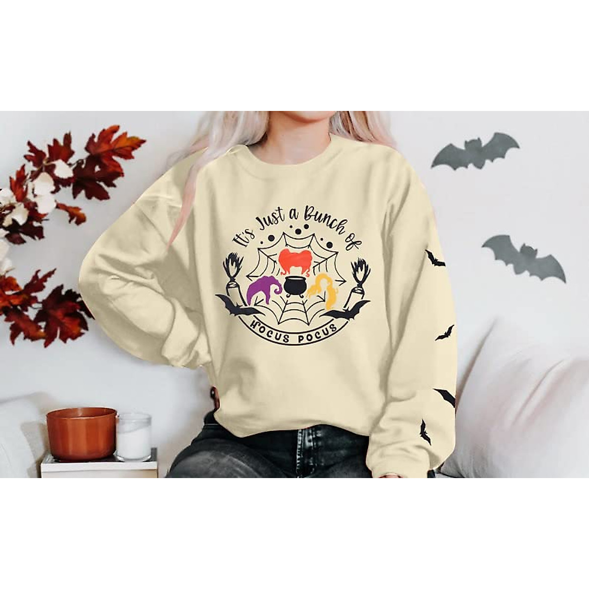 MOUSYA It's Just A Bunch of Hocus Pocus Sweatshirt Women Halloween Sanderson Sisters Graphic Long Sleeve Pullover Shirt Apricot