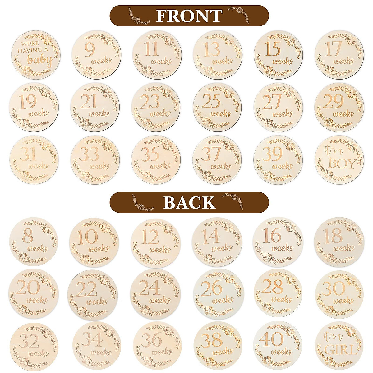 19 Pieces Pregnancy Milestone Signs Weekly Baby Bump Tracker 4.7" Milestone Cards Wooden Milestone Discs Double Sided Pregnancy Weekly Signs Neutral Baby Announcement Cards with Bag for Pregnant Moms