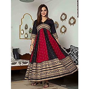 FIDOZA Women's Rayon Printed Anarkali Embroidery Kurti | Pakistani Style Rayon Printed Kurti For Women | Ready to wear (Black, XL)