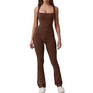 QINSEN Jumpsuit for Women Wide Leg Full Length Leggings Sexy Sleeveless Tank Flare Playsuit Coffee S