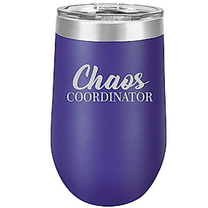 MIP Brand 16 oz Double Wall Vacuum Insulated Stainless Steel Stemless Wine Tumbler Glass Coffee Travel Mug With Lid Chaos Coordinator Mom Mother Teacher (Purple)
