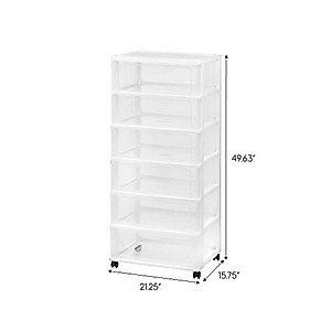 IRIS USA Plastic 6 Drawer Wide Storage Drawer Cart with 4 Caster Wheels for Home, Closet, Bedroom, Bathroom, Office, Laundry, Kitchen, Craft Room, Nursery and School Dorm, White/Clear, Set of 1