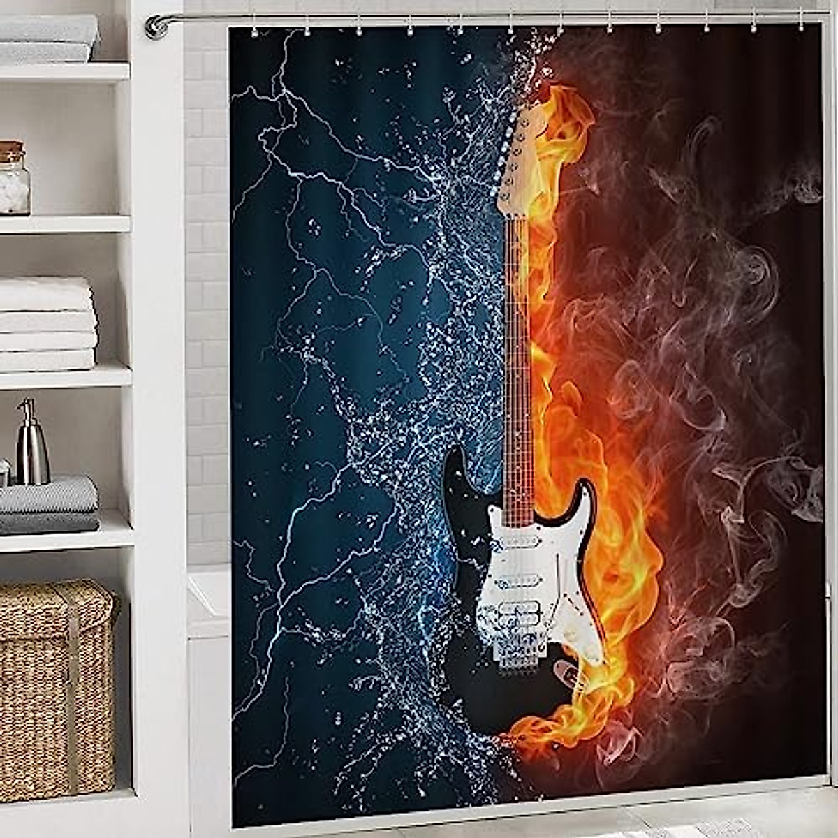 Fantasy Music Theme Guitar Shower Curtain Sets 4 Piece,Boys Room Decor Fire Water Flame Mist Electric Guitar Bathroom Decor Sets with Rugs Include Waterproof Non-Slip Toilet Lid Cover Bath Mat