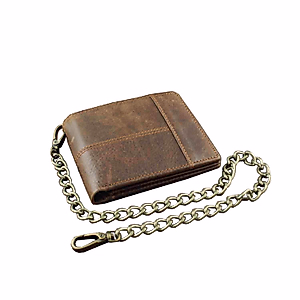 New Vintage Brown Leather Wallet With Chain Mens Bifold /Many Card Holder
