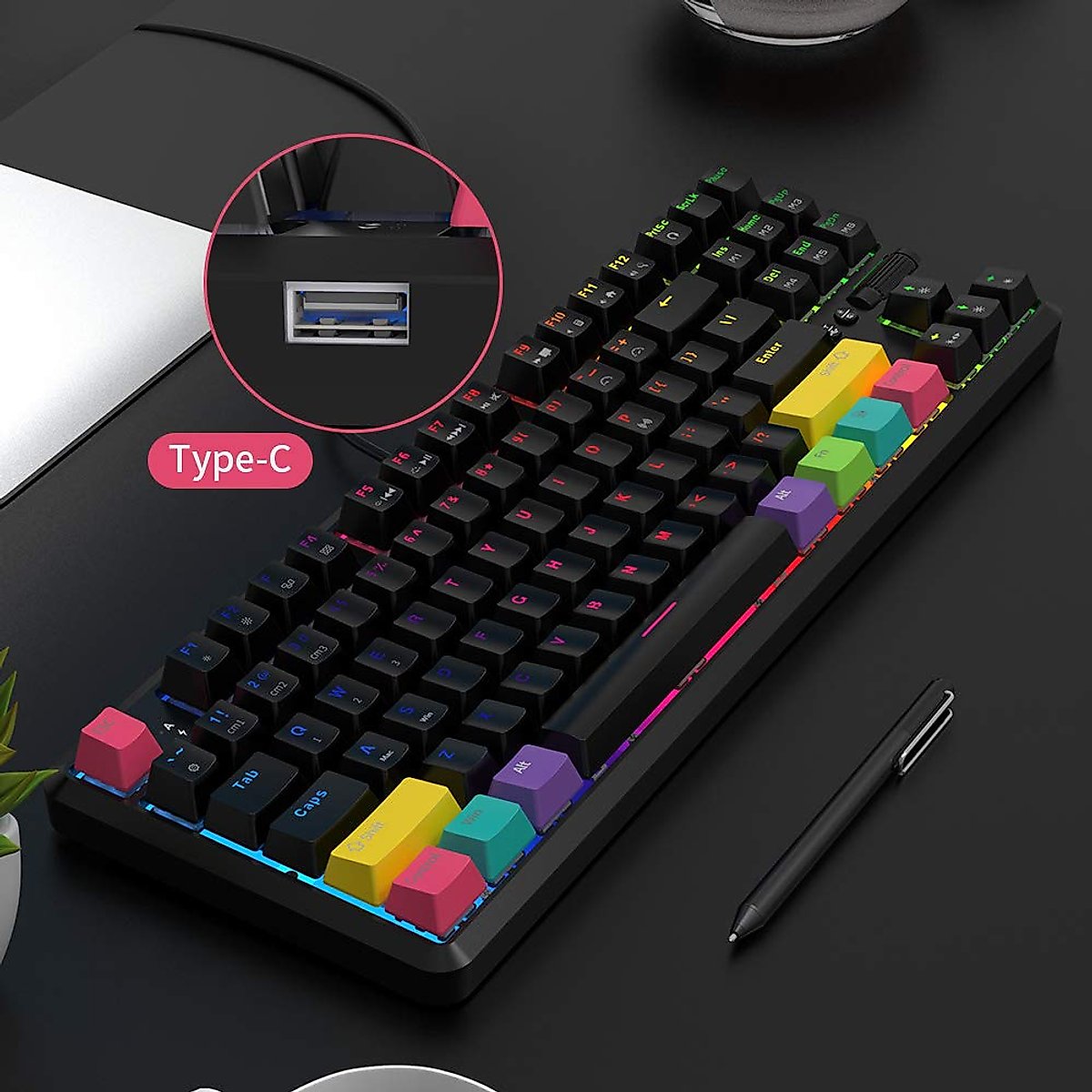 NACODEX K870T TKL Wired/Wireles RGB Mechanical Keyboard | Tenkeyless Bluetooth Keyboard with Volume Wheel Design | 10PCS Mixed Color Keycaps, Up to 3 Devices for Office Gaming (Blue Switch)