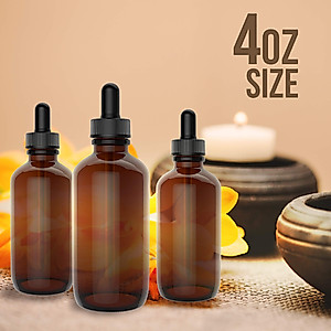 Nylea 12 Pack Essential Oil Dropper Bottles (4 oz) 120ml Round Boston Empty Refillable Amber Bottle with Glass Dropper [ Free Stainless Steel Funnel ] for Liquid Aromatherapy Fragrance Lot
