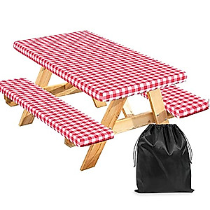 Senneny 3 PCS Fitted Picnic Table Cover and Bench Cover Set, 100% Waterproof Vinyl Tablecloth with Flannel Backing, Red and White Checkered, 30 x 72 Inch