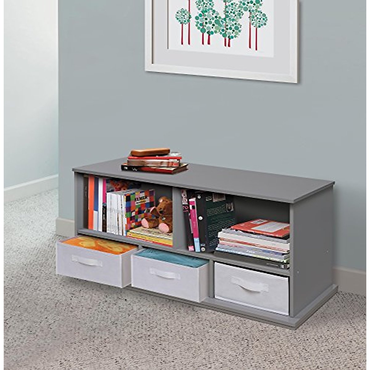 Stackable 5 Shelf Storage Organizing Cubby with 3 Fabric Baskets