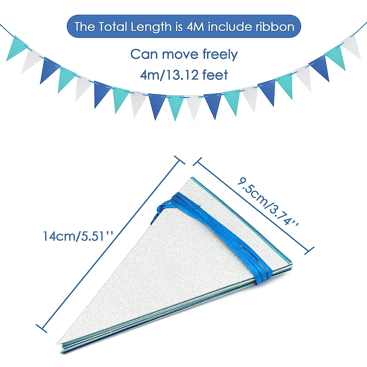Anwyll Pennant Banner Flags,40Ft Triangle Banner Bunting Flags,Blue Silver Paper Pennant No-DIY for Graduation,Grand Opening,Party Celebrations,Wedding,Baby Shower Decoration,Indoor and Outdoor