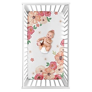 Sweet Jojo Designs Shabby Chic Floral Girl Fitted Crib Sheet Baby or Toddler Bed Nursery Photo Op - Peach, Pink and Green Watercolor Rose Flower