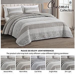 Chezmoi Collection Robyn 3-Piece Neutral Taupe Gray White Floral Hibiscus Flower Patchwork Striped Quilt Set - Pre-Washed Cotton Coverlet - Lightweight Reversible Bedspread, Queen Size