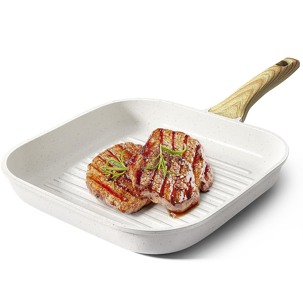 GiPP Nonstick Grill Pan for Stove Tops - 11 Inch Square Grilling Pan for Indoor Cooking & Outdoor Grilling, Non Stick Granite Grill Skillet Steak Pan, PFOA Free, White