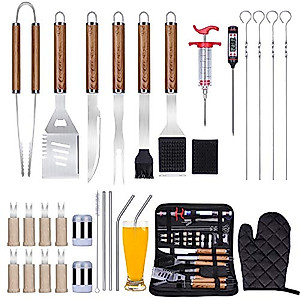 Grilling Accessories BBQ Grill Tools Set, 30Pcs Grilling Utensils Tool Gift Set for Kitchen, Camping, Kitchen, Backyard Barbecue with Tongs Spatula Thermometer Meat Injector Carry Bag