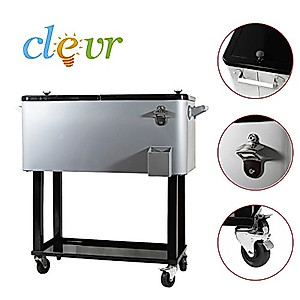 80 Quart Qt Rolling Cooler Ice Chest for Outdoor Patio Deck Party, Grey, Portable Party Bar Cold Drink Beverage Cart Tub, Backyard Cooler Trolley on Wheels with Shelf, Stand, & bottle opener