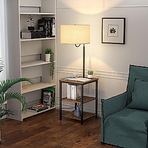 AntLux LED Floor Lamp with End Table - USB Charging Port, Power Outlet, Bedside Table with Shelves, Rustic Night Stand with Industrial Floor Light for Living Room, Bedroom, Guest Room, Edison Bulb