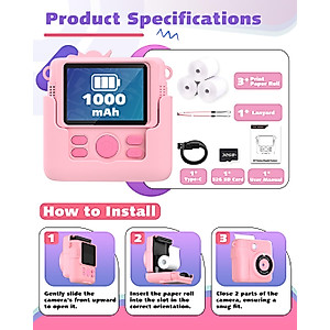 Sueseip Kids Instant Print Camera, 2.4 Inch Screen 1080P Kids Camera for Girls with Flash, Christmas Birthday Gifts for Girls 3 4 5 6 7 8 9 10 Year Old with 3 Rolls of Photo Paper and a 32G Card