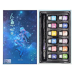 XIAOYU Mermaid Story Glass Pen, Mermaid Story Glass Dip Pen Ink Set, Mermaid Story Calligraphy Dip Pens, Starry Sky Crystal Calligraphy Pen and Ink Set with 12 Colorful Inks, Purple