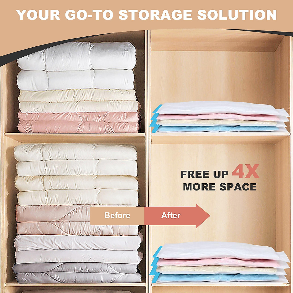 NATURELUX Vacuum Storage Bags, 20-Pack Space Saver, Zipper Vacuum Sealed Bags for Clothing, Clothes, Comforters and Blankets,Hand Pump Included (4 Jumbo/4 Large/4 Medium/8 Small)