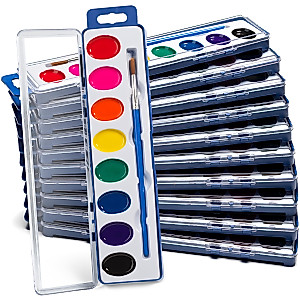 Bedwina Watercolor Paint Sets for Kids - Bulk Pack of 12, 8 Washable Water Color Paints in Palette Tray and Painting Brush for Coloring, Art, Classrooms and Paint Party Supplies