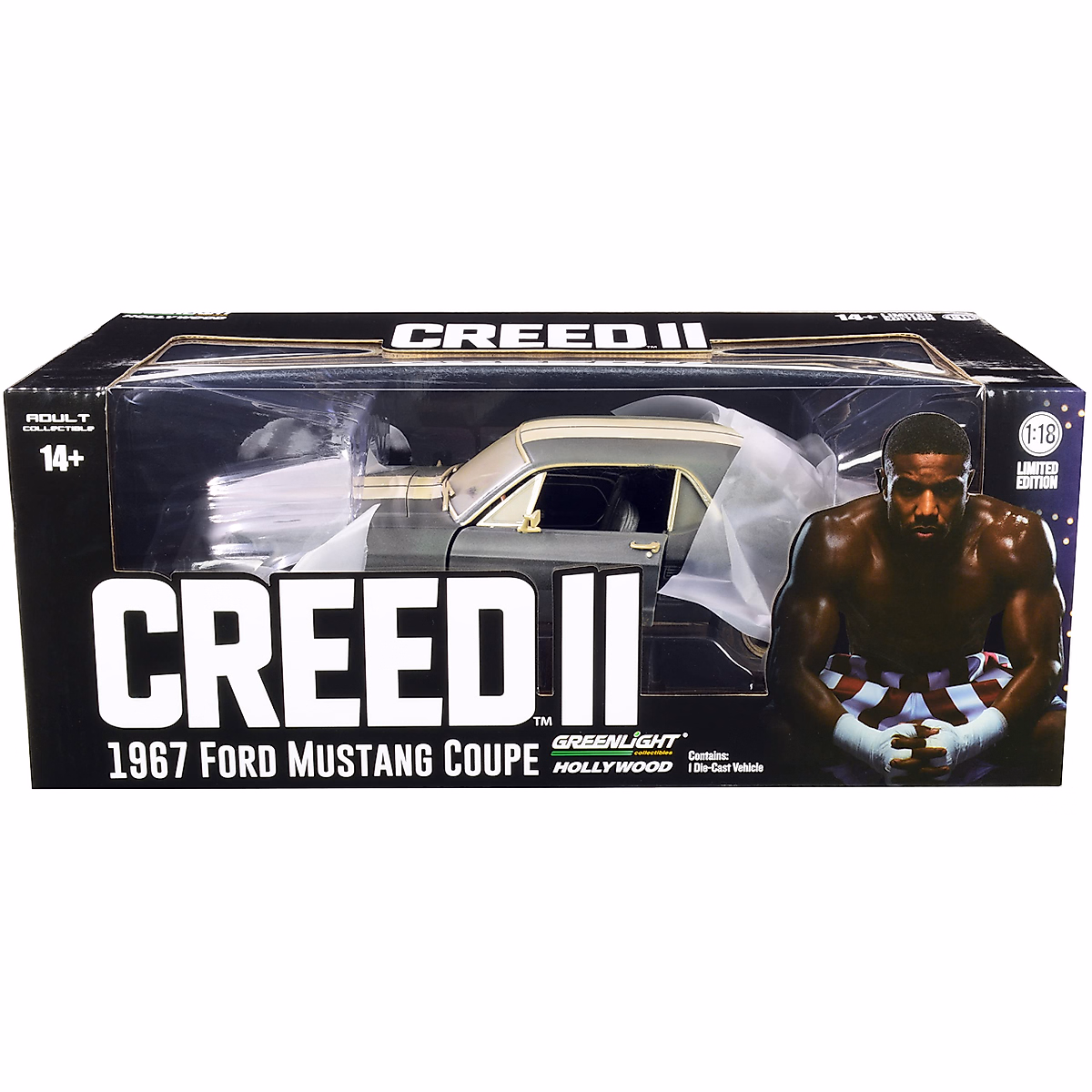 Greenlight 1967 Coupe Matt Black with White Stripes (Weathered) (Adonis Creed's) Creed II (2018) Movie 1/18 Diecast Model Car 13626