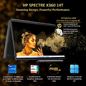 HP Spectre x360 14T Laptop i7-1255U, 16GB RAM, 2TB NVMe SSD, 13.5" WUXGA+ (1920x1280) 1000 nits Touchscreen, Tilt Pen, B&O, Wi-Fi 6E, Win 11 Pro, 64 GB TW Flashdrive