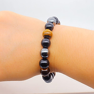 CJIAYUJEW 10mm Mens Beaded Bracelets, Initial Letter Triple Protection Bracelets for Women, Natural Tiger Eye Black Obsidian Hematite Beads Elastic Bracelets (C)