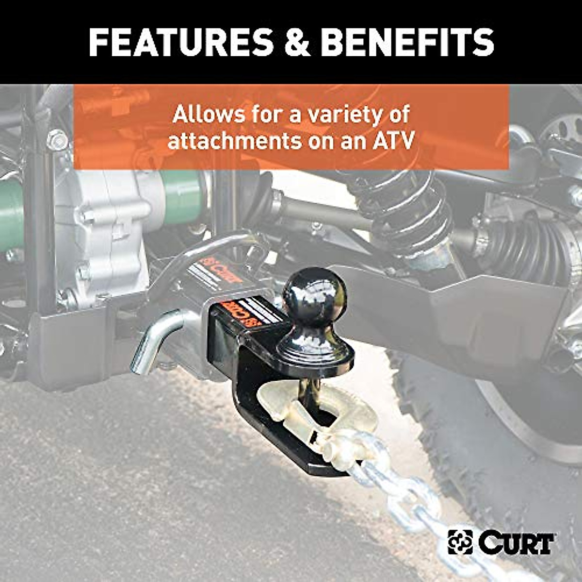 CURT 45005 3-in-1 ATV Trailer Hitch Mount, 1-7/8-Inch Ball, Clevis Pin, 5/8-Inch Hole, Fits 2-Inch Receiver, Gloss Black