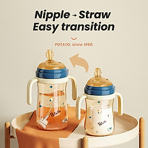 POTATO PPSU Baby Bottle Sippy Cups for Toddlers with Weight Straw Spill Proof, Learner Cup with Handle for Girl, Water Bottle for Baby (10 oz, Blue)