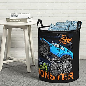 Gbuzozie Monster Truck Print Round Laundry Hamper Storage Basket Toys Clothes Organizer Bin For Home Bathroom Bedroom Dorm Nursery, 38l