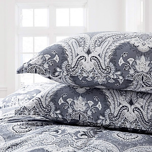 Moroccan Paisley Duvet Cover 3pc Set Bohemian Bedding Boteh Damask Medallion 400TC Egyptian Cotton Sateen Luxury Ombre Style Bed Linen (Oxford Grey, Super King)