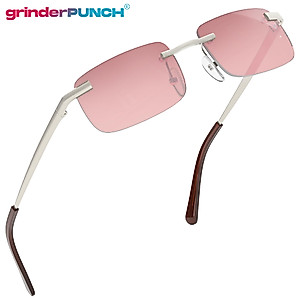 grinderPUNCH Small Slim 90's Popular Nineties Rectangular Sunglasses Clear Rimless Eyewear (Silver Frame - Pink)