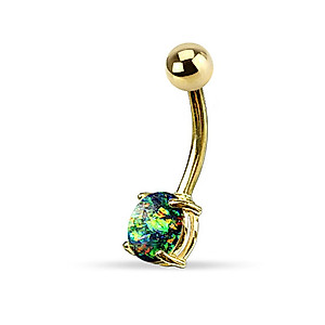 FIFTH CUE 14G Opal Glitter Prong Set Gold IP Over 316L Surgical Steel Belly Button Ring (synthetic opal) - Dark Green