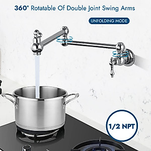 Cinwiny Polished Chrome Pot Filler Faucet Wall Mount Classical Folding Stretchable Stainless Steel Kitchen Restaurant Sink Faucet with Double Joint Swing Arm 1 Hole 2 Handle Commercial