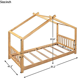CITYLIGHT Twin House Bed for Kids, House Bed Frame Twin with Headboard and Footboard, Wooden Kids House Bed for Girls, Boys,No Box Spring Needed,Natural
